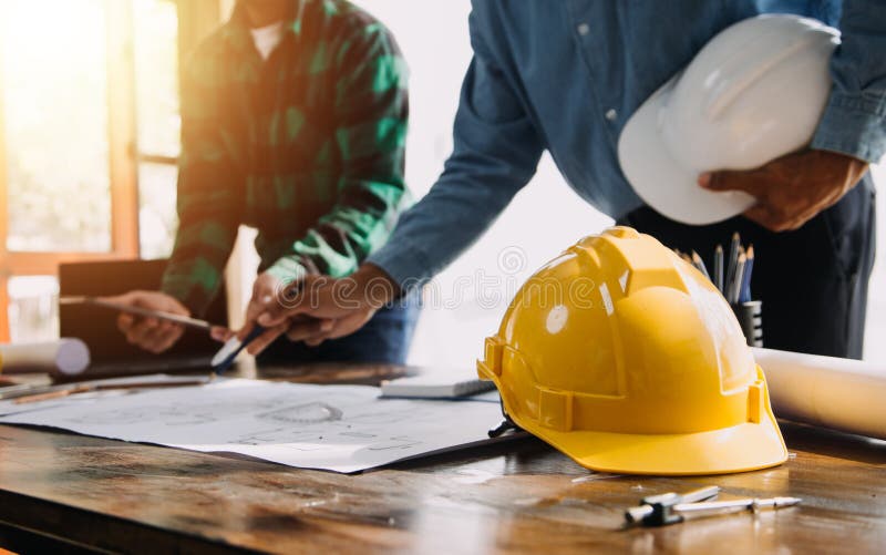 Engineer Teamwork Meeting, Drawing Working on Blueprint Meeting for ...