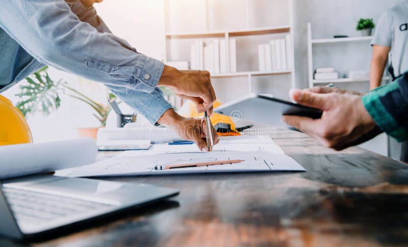 Engineer Teamwork Meeting, Drawing Working on Blueprint Meeting for ...