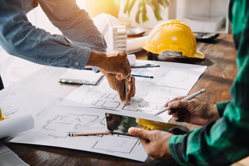 Engineer Teamwork Meeting, Drawing Working on Blueprint Meeting for ...