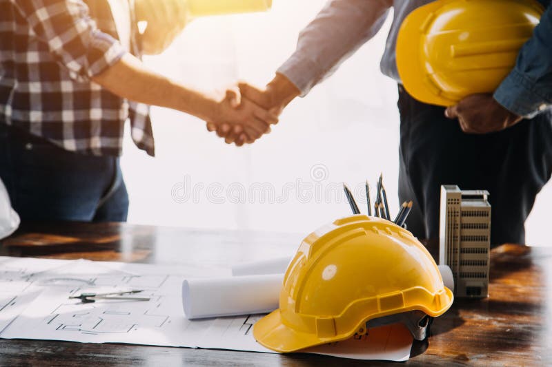 Engineer Teamwork Meeting, Drawing Working on Blueprint Meeting for ...