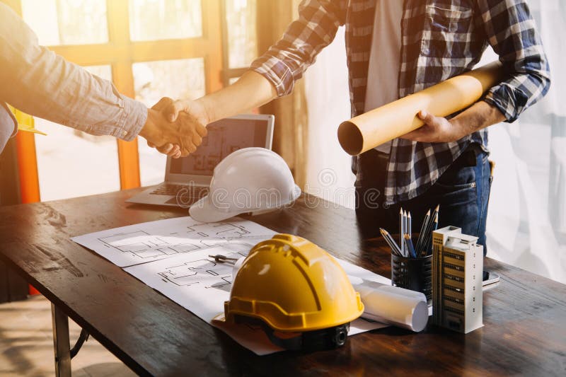 Engineer Teamwork Meeting, Drawing Working on Blueprint Meeting for ...