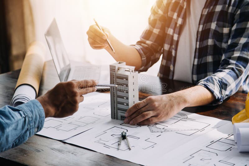 Engineer Teamwork Meeting, Drawing Working on Blueprint Meeting for ...