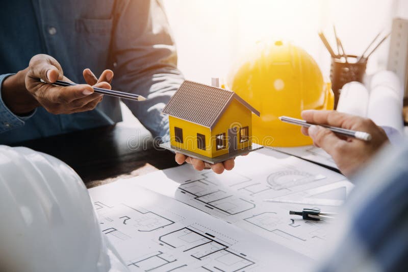 Engineer Teamwork Meeting, Drawing Working on Blueprint Meeting for ...