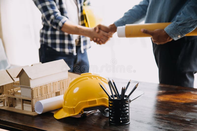 Engineer Teamwork Meeting, Drawing Working on Blueprint Meeting for ...