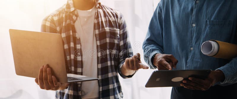 Engineer Teamwork Meeting, Drawing Working on Blueprint Meeting for ...