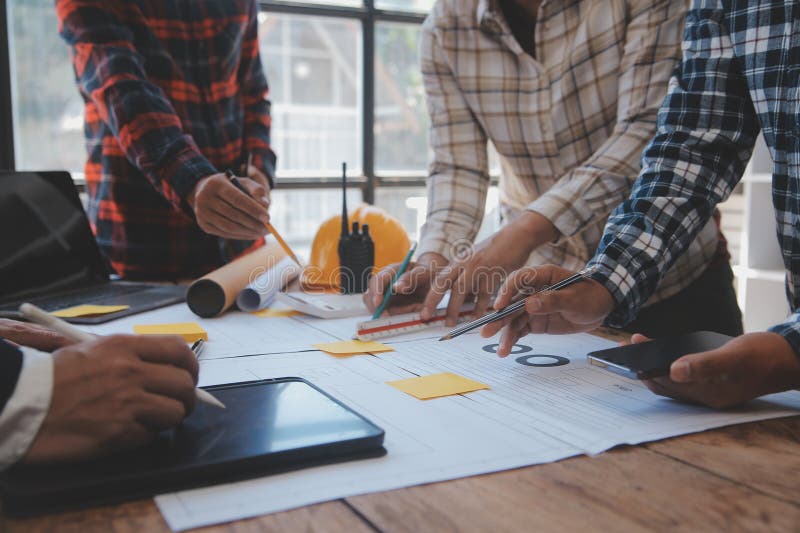 Engineer Teamwork Meeting, Drawing Working on Blueprint Meeting for ...