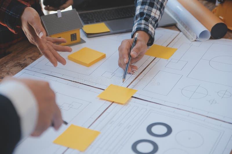 Engineer Teamwork Meeting, Drawing Working on Blueprint Meeting for ...