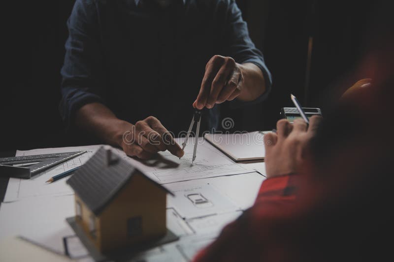 .Engineer Teamwork Meeting, Drawing Working on Blueprint Meeting for ...