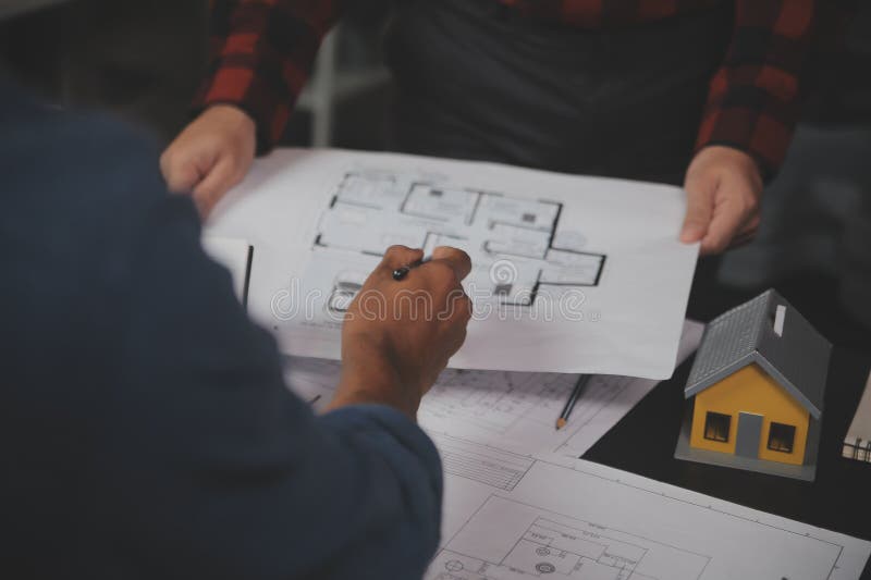 Engineer Teamwork Meeting, Drawing Working on Blueprint Meeting for ...