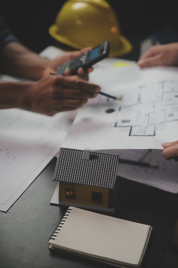 .Engineer Teamwork Meeting, Drawing Working on Blueprint Meeting for ...