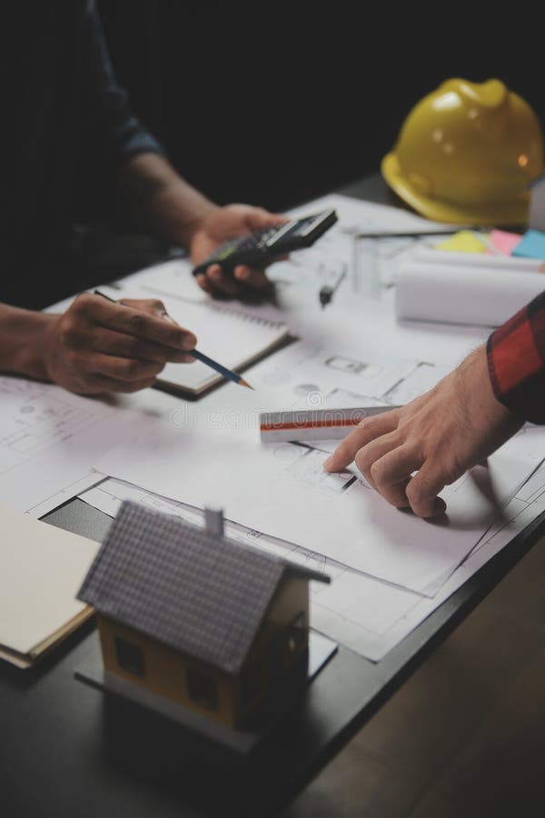 Engineer Teamwork Meeting, Drawing Working on Blueprint Meeting for ...