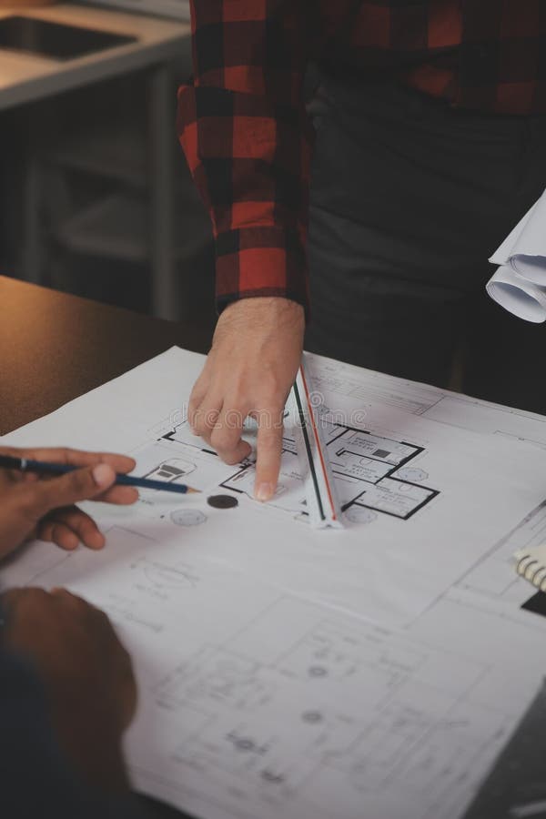 .Engineer Teamwork Meeting, Drawing Working on Blueprint Meeting for ...