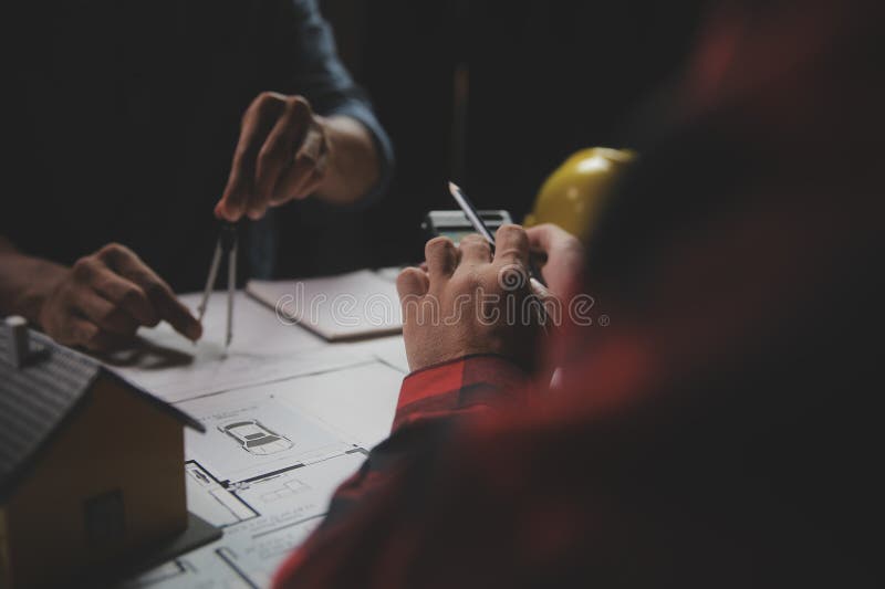 .Engineer Teamwork Meeting, Drawing Working on Blueprint Meeting for ...