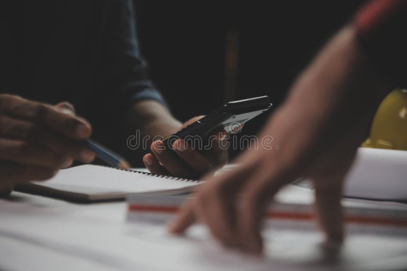 .Engineer Teamwork Meeting, Drawing Working on Blueprint Meeting for ...