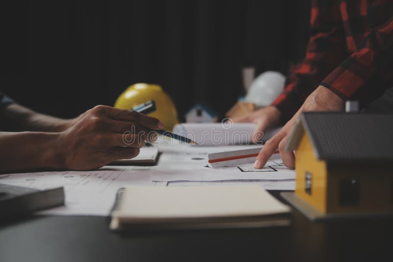 Engineer Teamwork Meeting, Drawing Working on Blueprint Meeting for ...