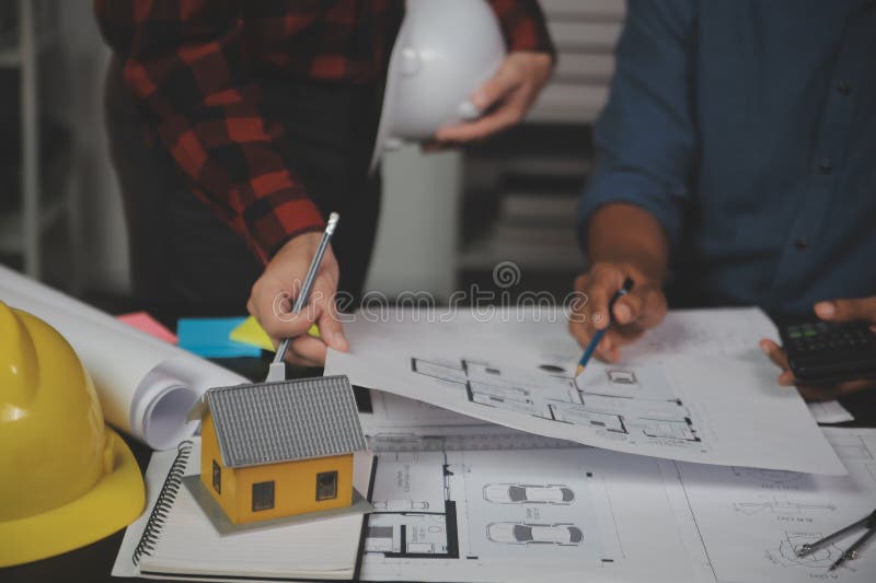 Engineer Teamwork Meeting, Drawing Working on Blueprint Meeting for ...