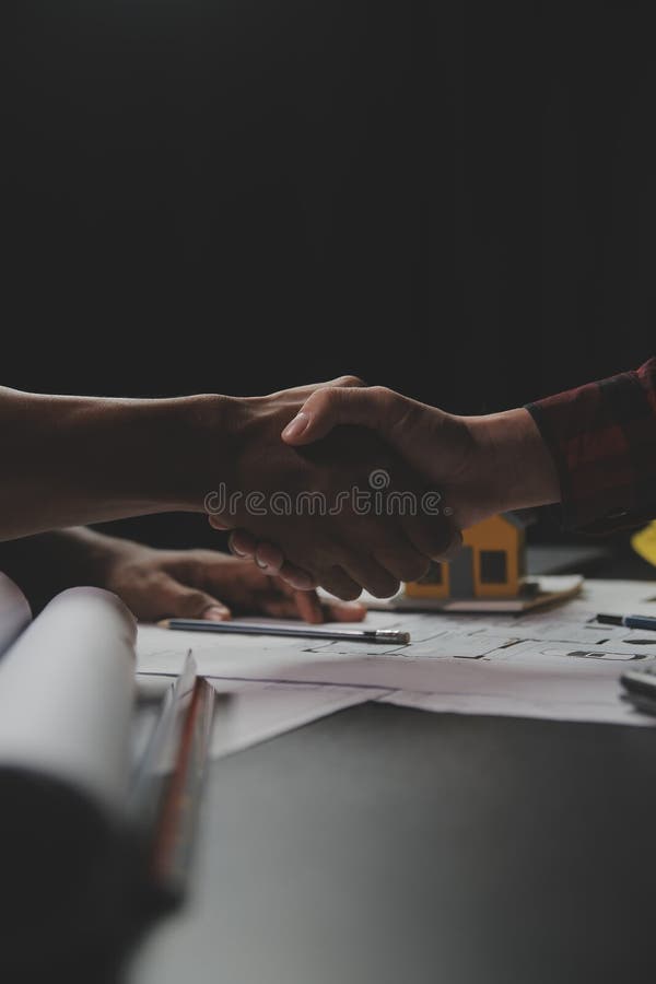 Engineer Teamwork Meeting, Drawing Working on Blueprint Meeting for ...