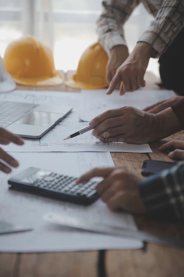 Engineer Teamwork Meeting, Drawing Working on Blueprint Meeting for ...