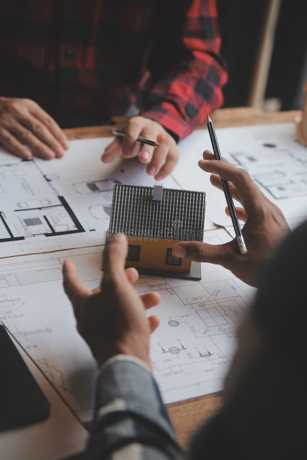 Engineer Teamwork Meeting, Drawing Working on Blueprint Meeting for ...