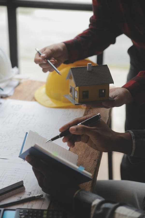 Engineer Teamwork Meeting, Drawing Working on Blueprint Meeting for ...