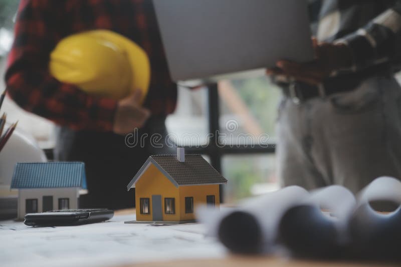 Engineer Teamwork Meeting, Drawing Working on Blueprint Meeting for ...