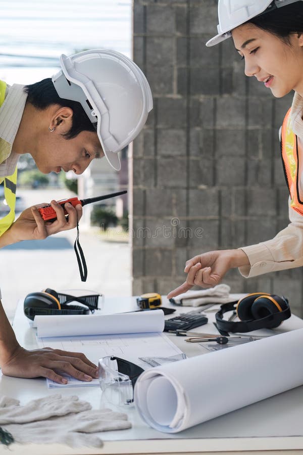 Engineer Teamwork Meeting, Drawing Working on Blueprint Meeting for ...