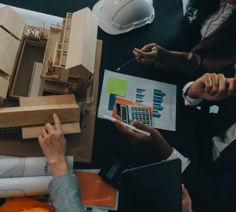 Engineer Teamwork Meeting, Drawing Working on Blueprint Meeting for ...