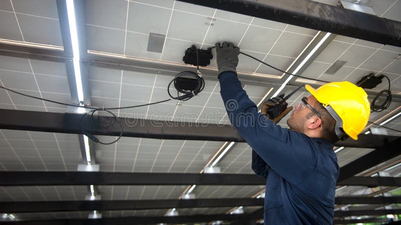Engineer Technical Service Checking Solar Panel while Using Walkie ...