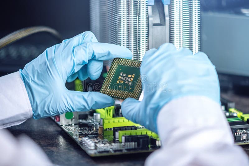 Engineer Technician Computers in Gloves on the Hands is Reviewing the ...
