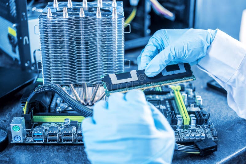 Engineer Technician Computers in Gloves on the Hands is Reviewing the ...