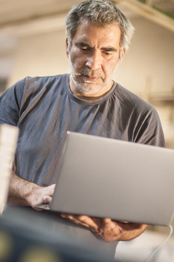 Engineer Technician Electrician Inspect System with Laptop Computer ...