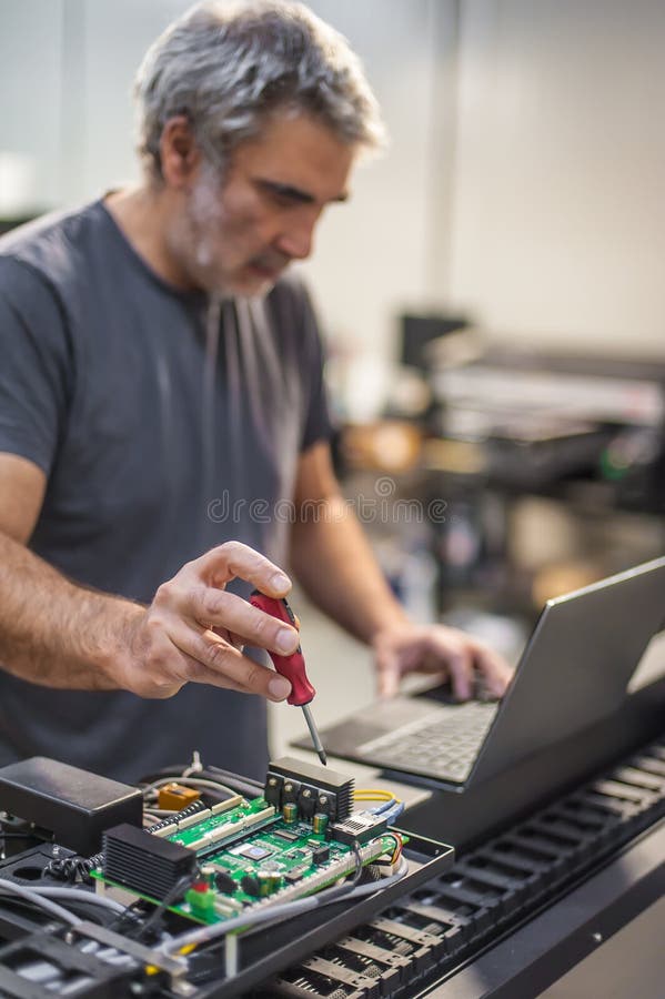 Engineer Technician Electrician Inspect System with Laptop Computer ...
