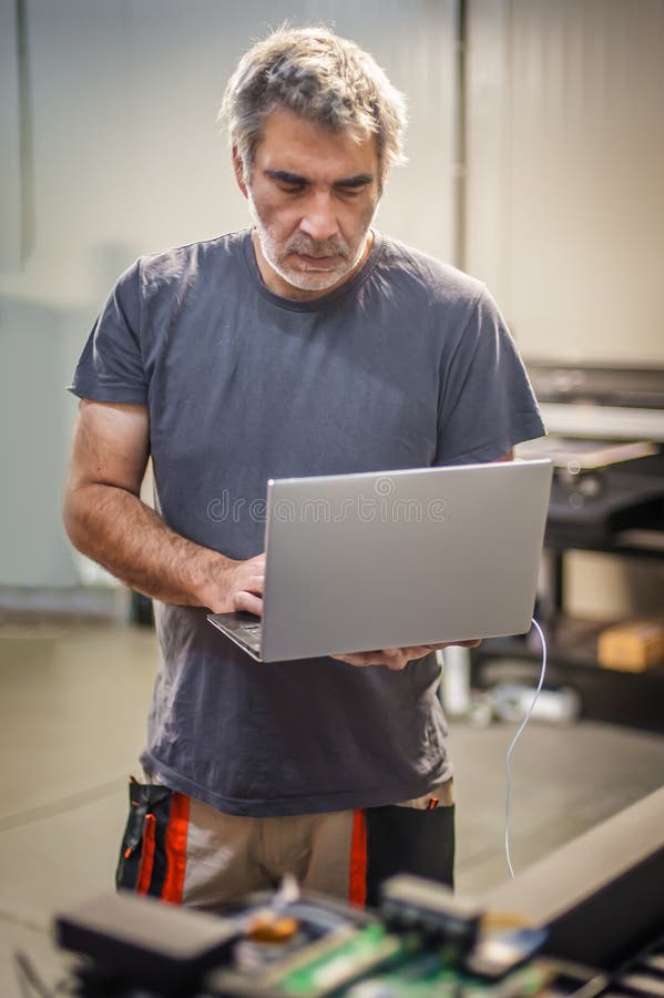 Engineer Technician Electrician Inspect System with Laptop Computer ...