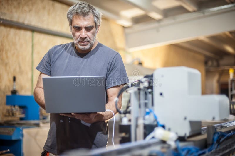 Engineer Technician Electrician Inspect System with Laptop Computer ...
