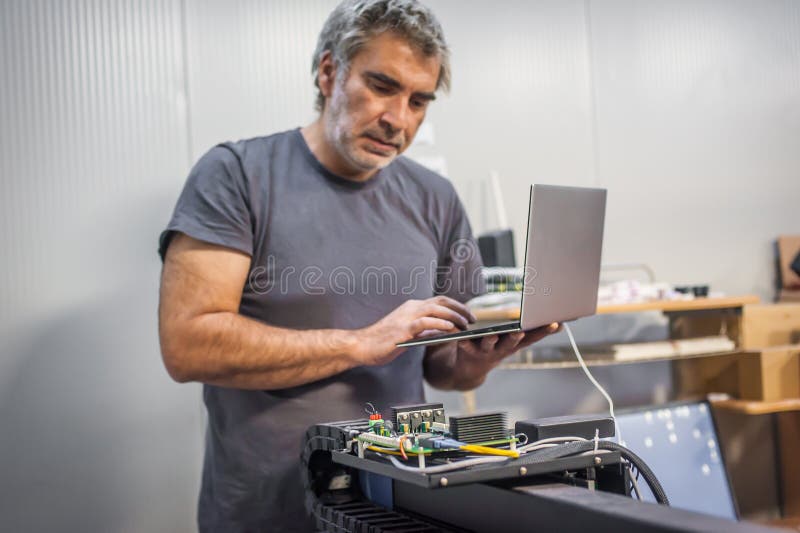 Engineer Technician Electrician Inspect System with Laptop Computer ...