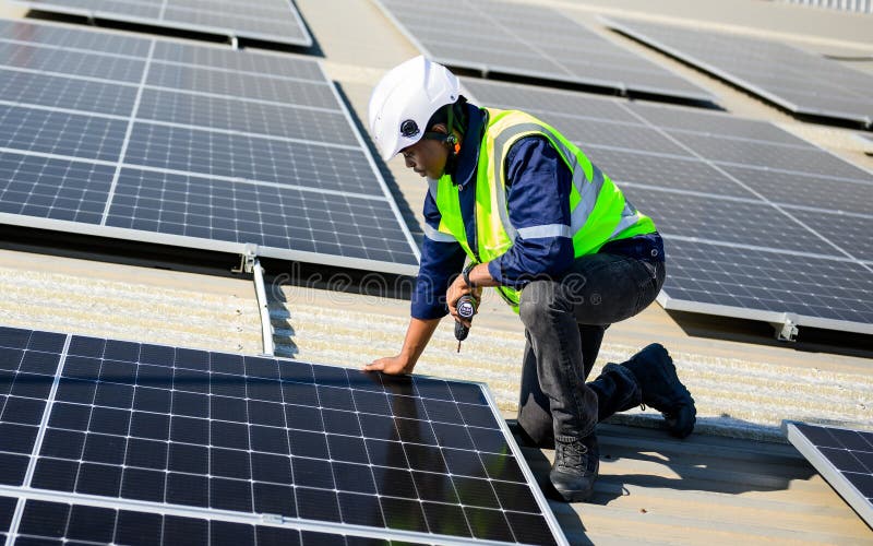 Professional Engineer Technician with Safety Helmet Checking Solar ...