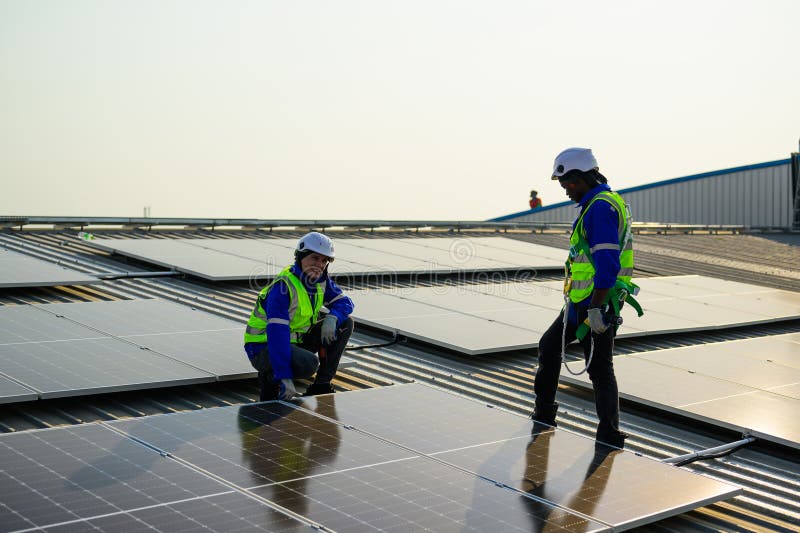 Engineer and Technician Using Laptop Checking Solar Panels System Stock ...