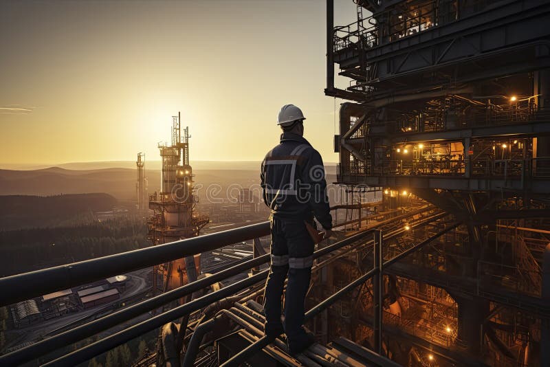 Engineer Technician Watching Team of Workers on High Steel Platform ...