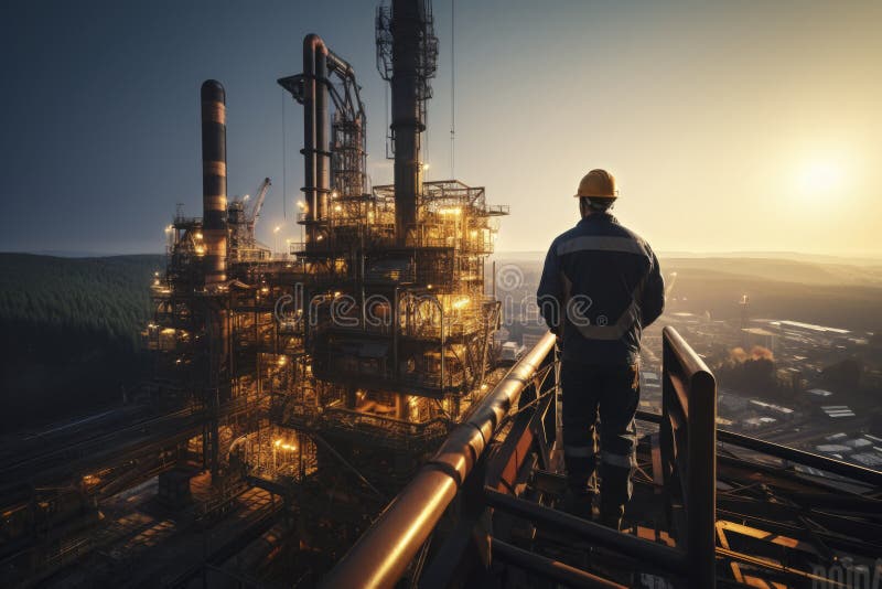 Engineer Technician Watching Team of Workers on High Steel Platform ...