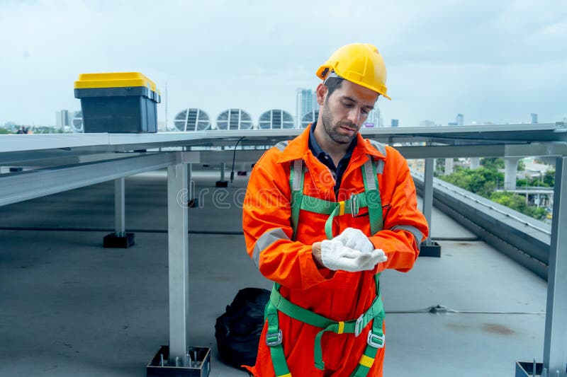 Engineer or Technician Worker Wear Glove before Check or Maintenance ...