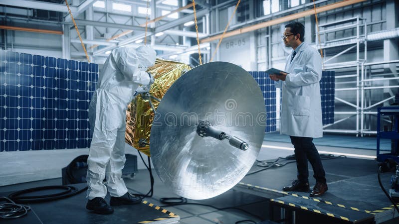 Engineer and Technician Working on Satellite Construction. Aerospace ...