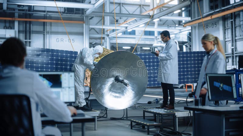 Engineer and Technician Working on Satellite Construction. Aerospace ...
