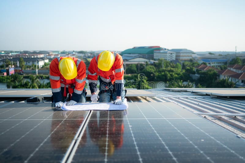 Engineer and Technician Working on the Solar Panel on the Warehouse ...