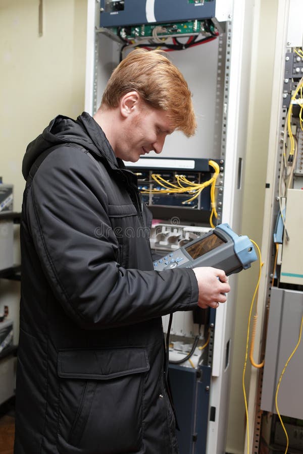 Technician with analyzer stock photo. Image of fibre - 23113524