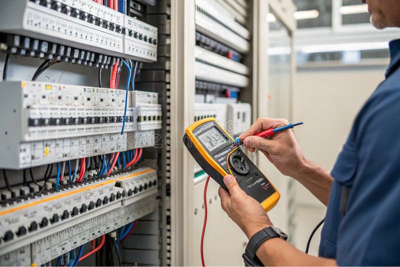 Engineer Tests Industrial Electrical Circuits with a Multimeter in the ...