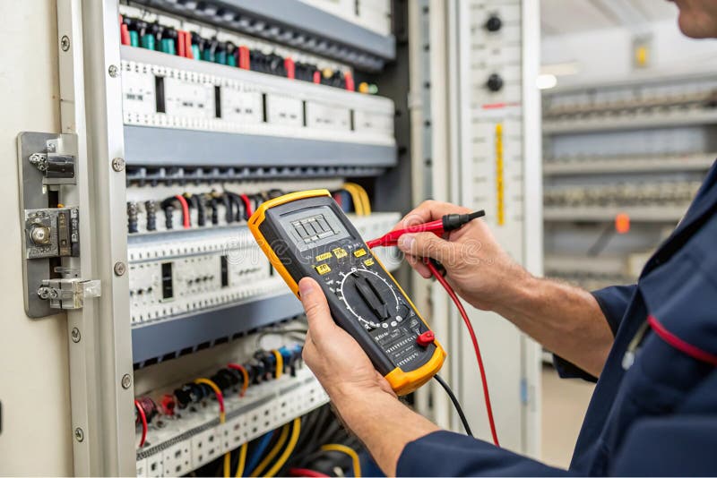 Engineer Tests Industrial Electrical Circuits with a Multimeter in the ...