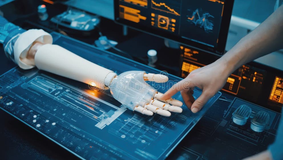 Engineer Testing Bionic Limb with Futuristic Transparent Display and ...