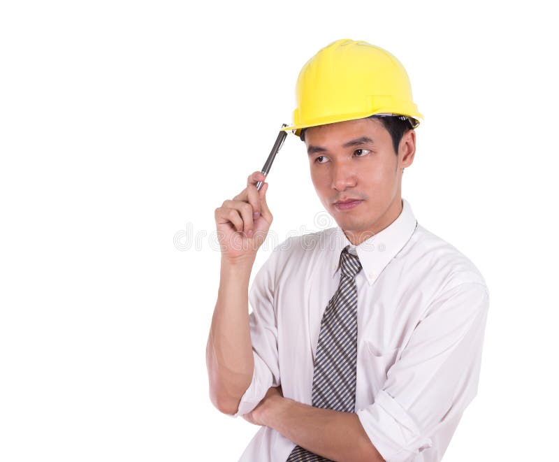 The Engineer is Thinking and Smiling while Working with Drawings and ...