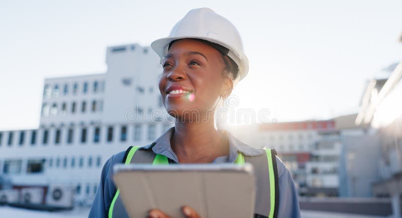 Engineer, Thinking or Tablet on Rooftop for Construction Planning ...