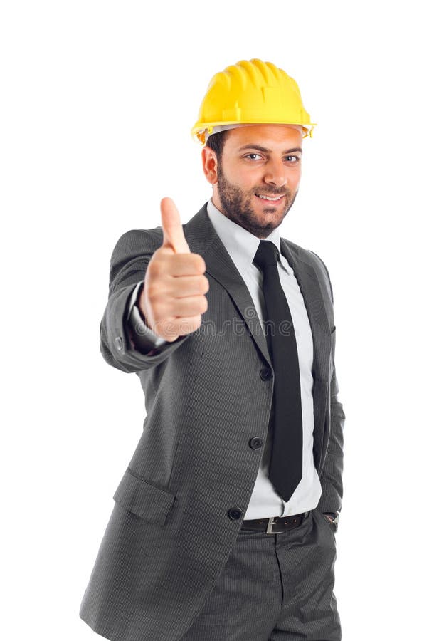 Engineer Thumb Up while Holding Helmet and Tablet on White Background ...